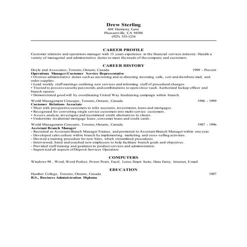 Customer service representative (banking) CV template | DOCX