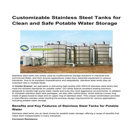 Customizable Stainless Steel Tanks for Clean and Safe Potable Water ...
