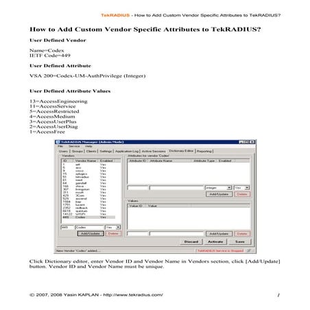 How To Add Custom Vendor Specific Attributes To Tekradius Doc