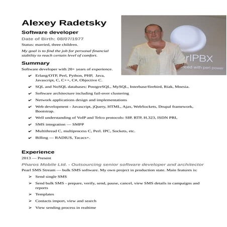 Erlang Software Developer CV | PDF | Programming Languages | Computing