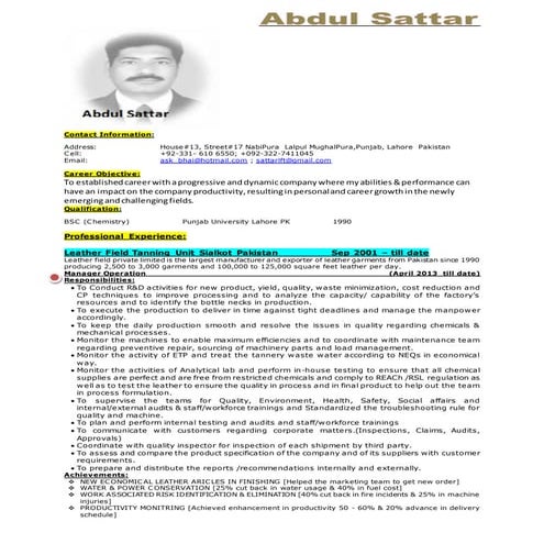 Cv abdul sattar. | DOCX | Manufacturing Industry | Industries