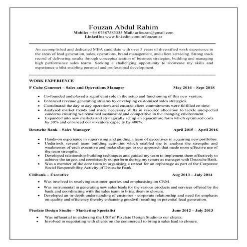 Fouzan Abdul Rahim CV | PDF | Sales | Business