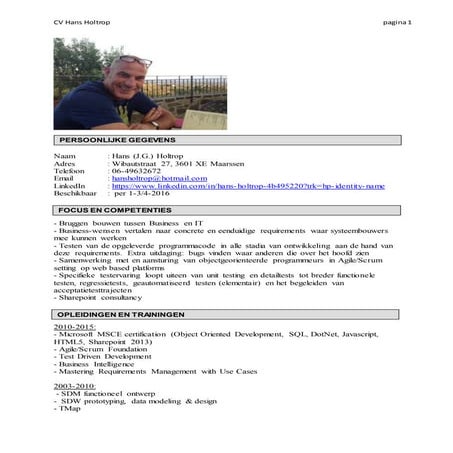 Cv hans holtrop | DOCX | Business | Business and Finance