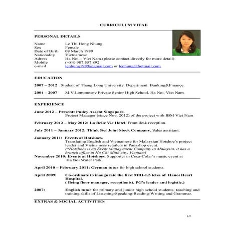 CV Le Thi Hong Nhung as of Jan 2013 - online | PDF