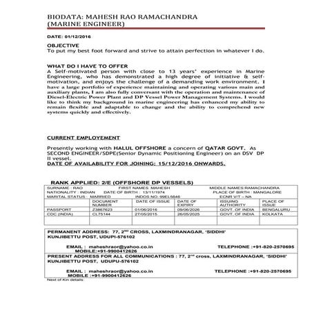 CV Mahesh Rao (Marine engineer) - 2016 | DOC