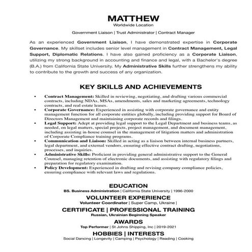 Matthew Professional CV experienced Government Liaison | PDF