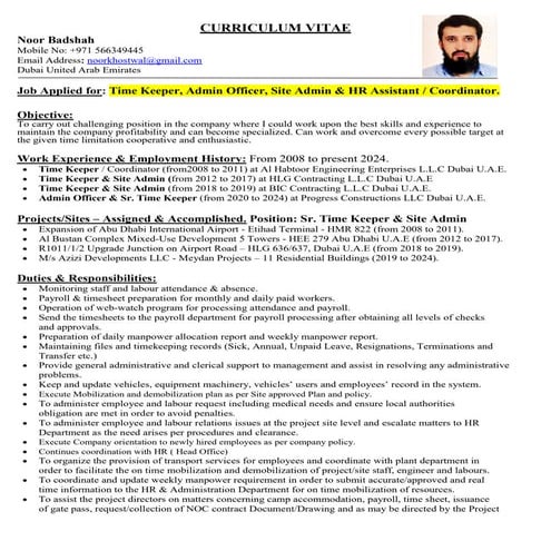 CV - Noor Badshah - Timekeeper / Time Keeper / Payroll & Timesheet ...