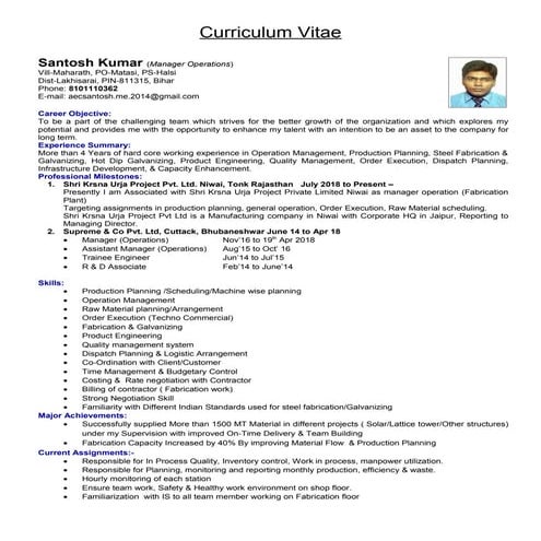 Cv santosh kumar ( Manager Operation) | PDF