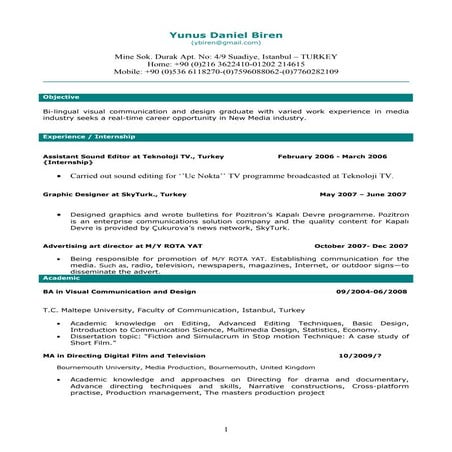 Cv 2009 By Yunus Daniel Biren | DOC | Postgraduate Education | College Education