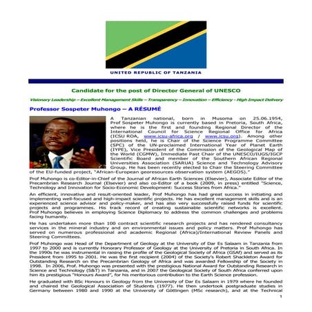 Cv Abridged 07 July 2009 Prof Sospeter M Muhongo Unesco Dg Candidate | PDF