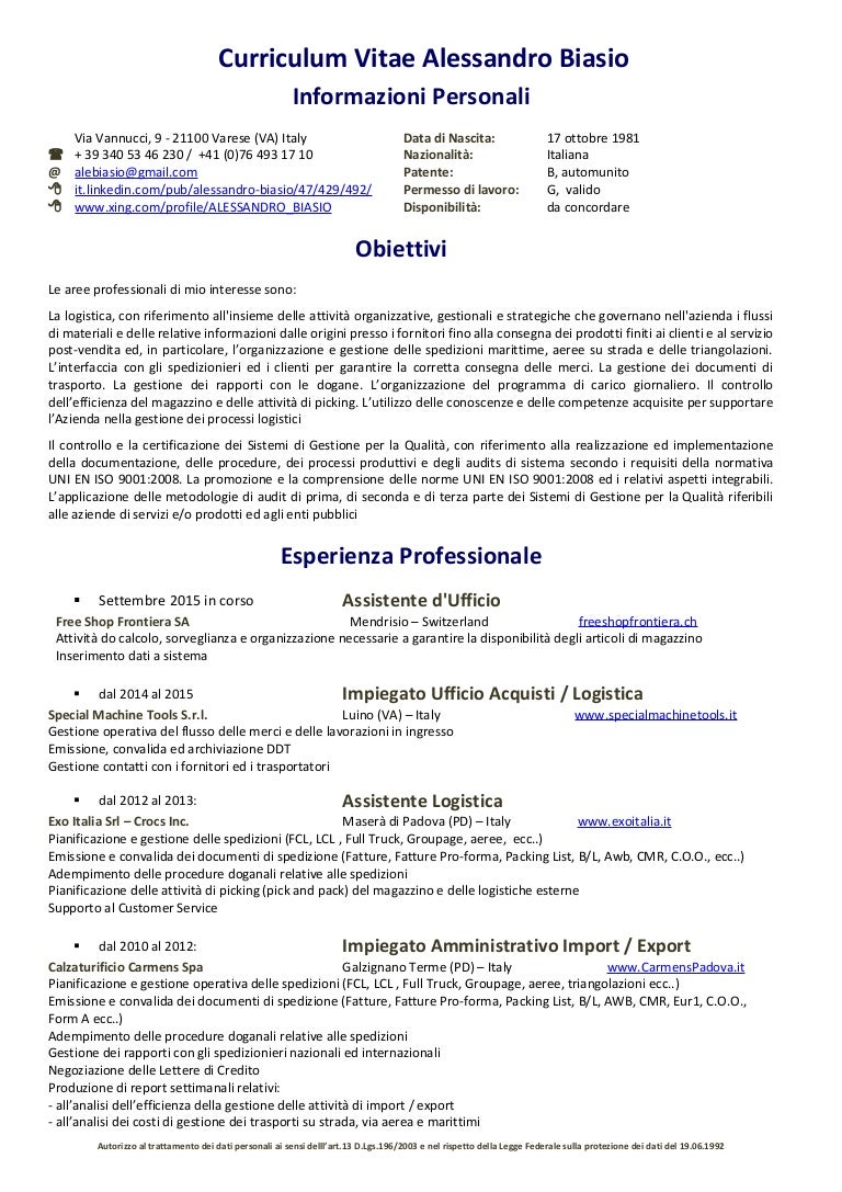 Curriculum Vitae Ufficio Acquisti - Curriculum Vitae Curriculum Vitae Ufficio Acquisti - Curriculum Vitae