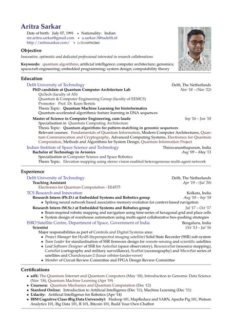 Aritra Sarkar - Curriculum vitae | PDF Aritra Sarkar - Curriculum vitae | PDF