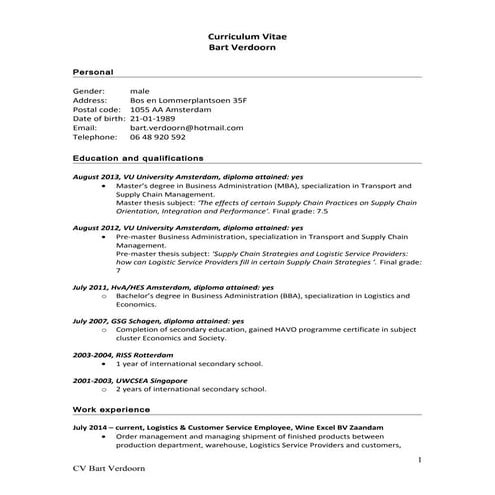 Cv bart verdoorn english | PDF