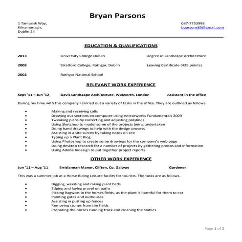 Cv bryan parsons ucd | PDF
