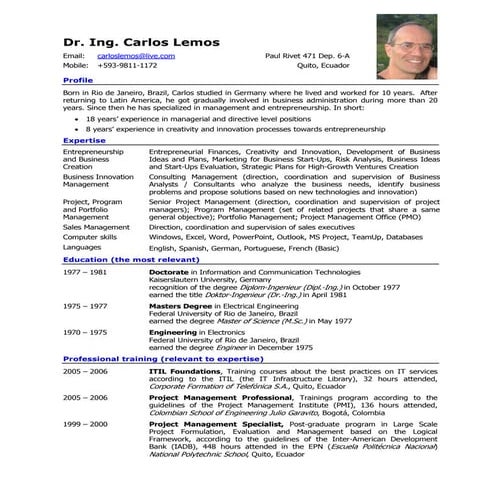 Resume of Carlos Lemos in English | PDF | Business Administration ...