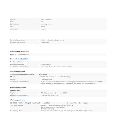 Girts Kesteris Unity Developer Cv ENG | PDF