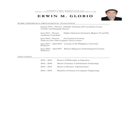 Dr. Erwin Globio - Resource Speaker, Writer and Statistician | PDF