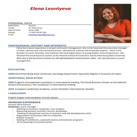 CV and portfolio event manager Elena Leontyeva | PDF