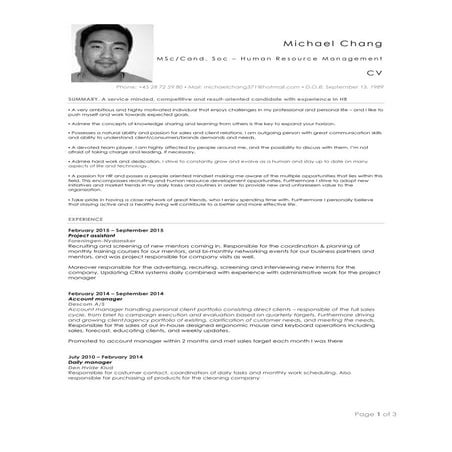 Cv for Michael Chang looking for new job opportunities in HR | PDF
