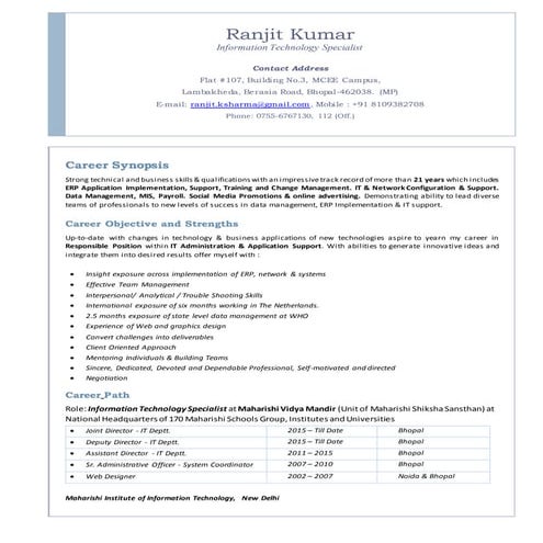 Cv Information Technology Specialist Ranjit 2020 Docx