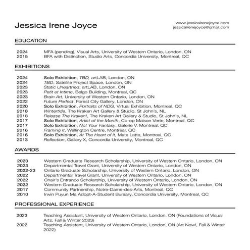 Jessica Irene Joyce_January 2024_Professional Artist CV | PDF