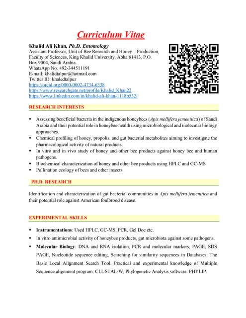 Cv Dr. Khalid Ali Khan | PDF | Beekeeping | Hobbies & Interests Cv Dr. Khalid Ali Khan | PDF | Beekeeping | Hobbies & Interests