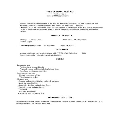 Cv kitchen helper.docx currículum canadiense | DOCX