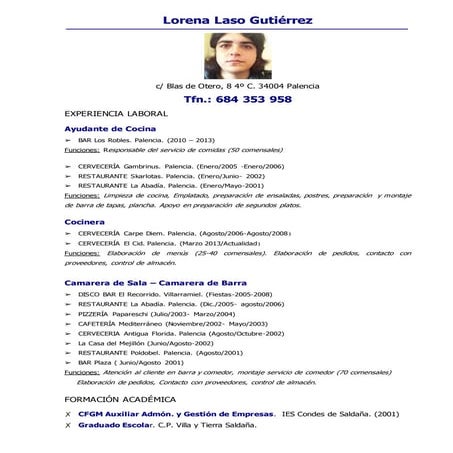 Cv lorena | DOCX | Bars & Restaurants | Attractions