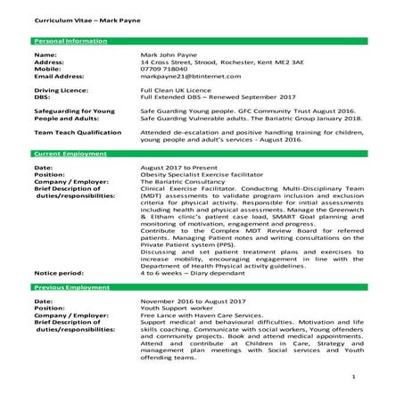 Cv mark payne 2018 | DOCX | Physical Therapy | Wellness