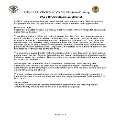 CVN70 Case Study (Decision Making) CIT Leadership Seminar | PDF