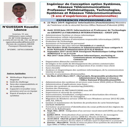CV N'GUESSAN KOUADIO LEONCE INGENIEUR INFORMATICIEN - ENSEIGNANT | PDF