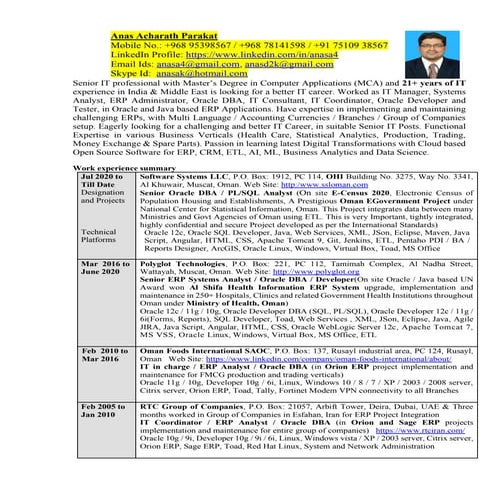 Indian Post Graduate with 21 years experience in Oracle SQL, PL/SQL ...