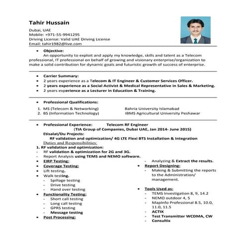 Cv of tahir hussain with Master Degree & Experience | DOC