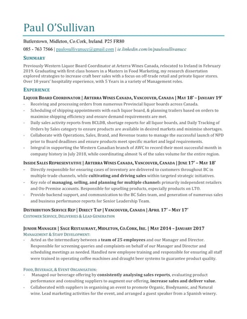 CV Paul O'Sullivan Jan 19 | PDF | Sales | Business