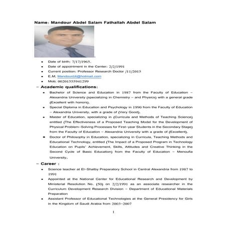 CV porf.Dr.Mandour Abdelsalam fathalla .....Director of the National ...