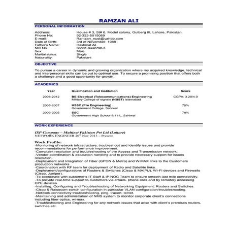 Cv ramzan ali (network engineer) | PDF
