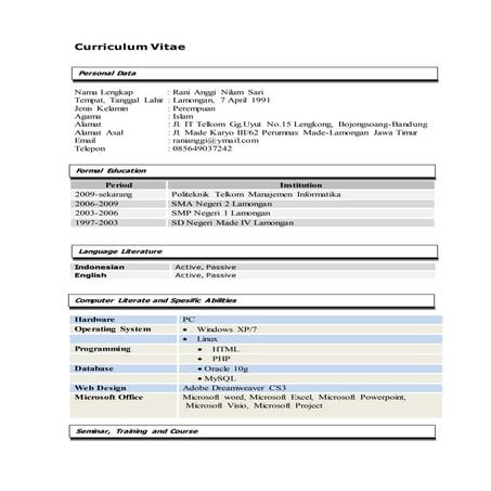 Cv rani anggi nilam sari | DOCX | Computing | Technology & Computing