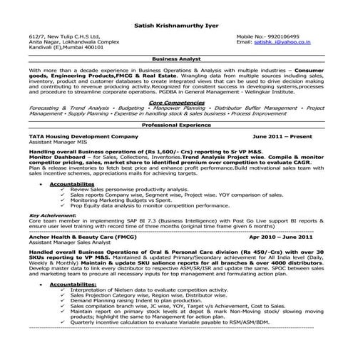 Cv satish iyer | DOCX | Sales | Business