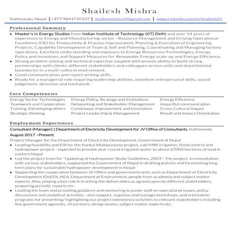 CV Shailesh Mishra (Energy Sector) | PDF | Power and Energy Industry ...