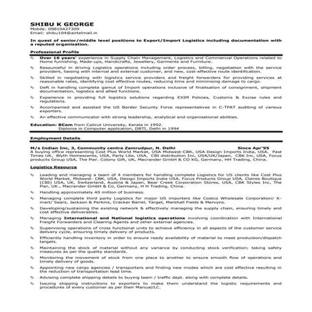 Cv Shibu George Logistics | DOCX