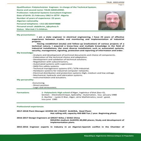 Cv talbi abdelkrim 2018 anglais | PDF | Civil Engineering Industry ...