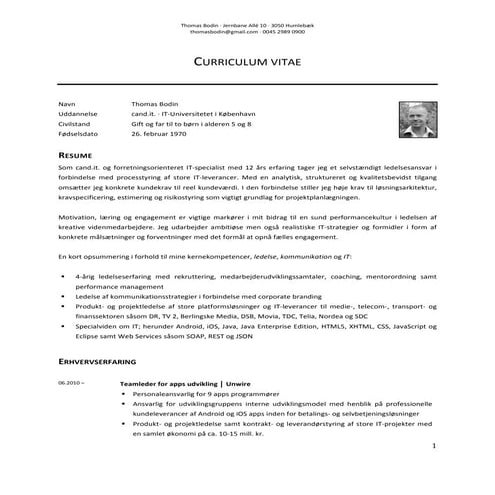 CV Thomas Bodin - Danish version | PDF