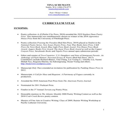 CV Tina Schumann07182016 | DOC | Poetry | Books and Literature