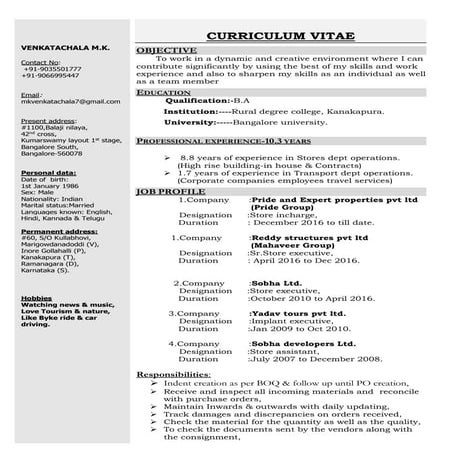 Reg:CV for Store in charge/Purchase/Finance/Warehouse | PDF | Resume ...
