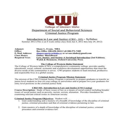 Cwi crij 103 intro to law and justice summer 2012 syllabus | DOC ...