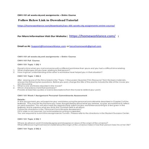 Cwv 101 all weeks dq and assignments – entire course | DOCX