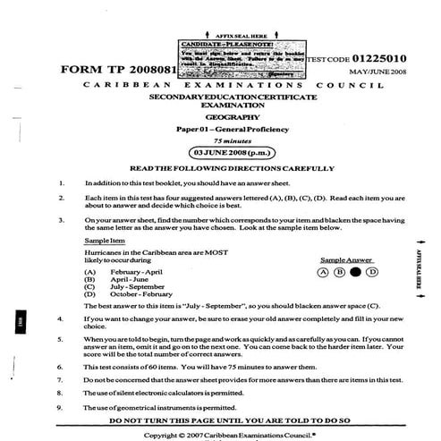 CSEC GEOGRAPHY 2008 multiple choice past paper (1) | PDF