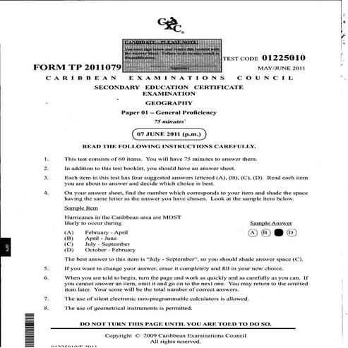 CSEC GEOGRAPHY 2011 multiple choice past paper | PDF
