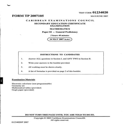 Cxc mathematics june_07_p2 | PDF