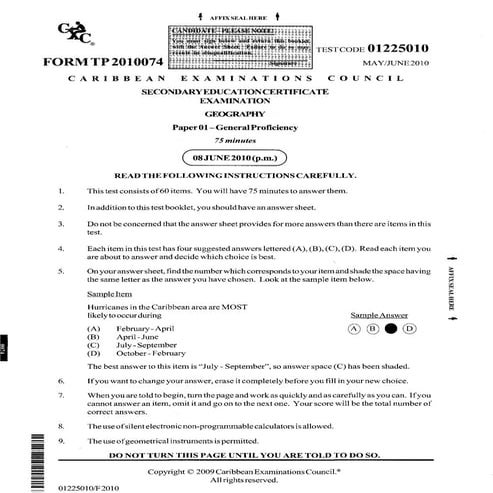 CSEC GEOGRAPHY multiple choice past paper 2010 | PDF